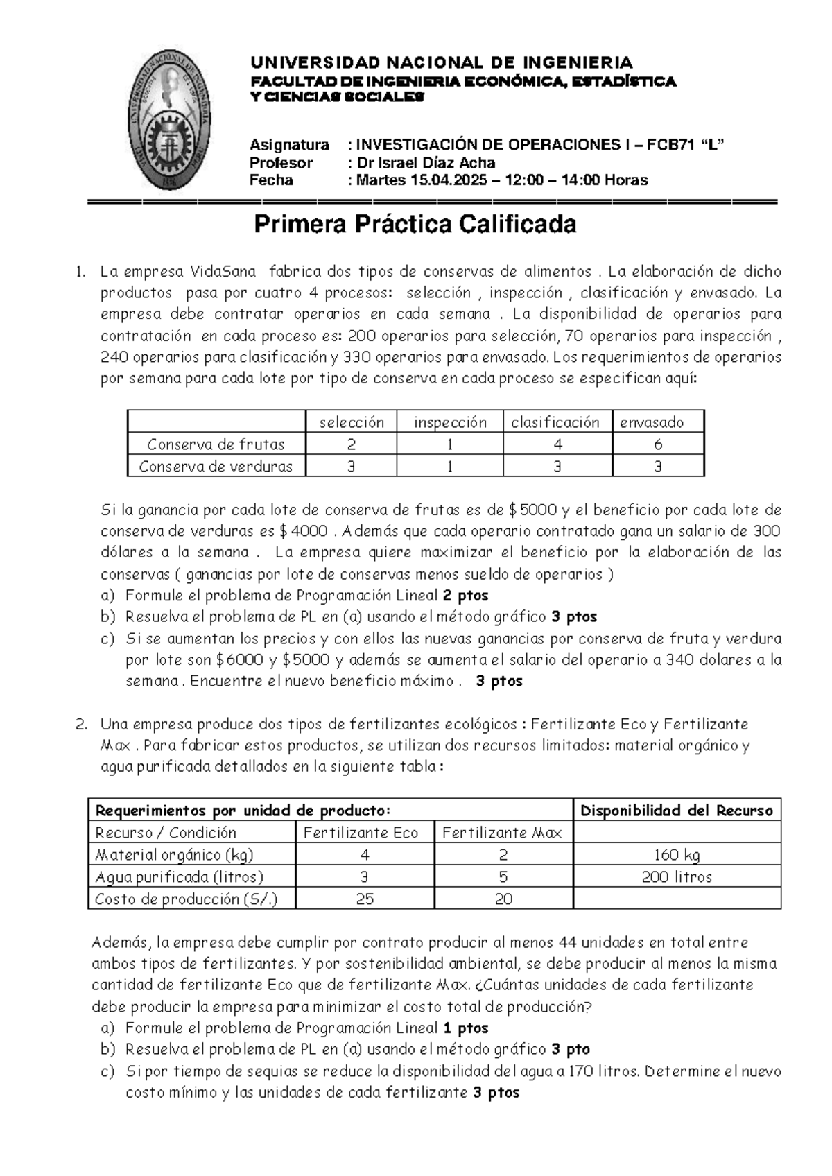 Práctica Calificada N°1 FCB71: Investigación de Operaciones I 2025-1 ...