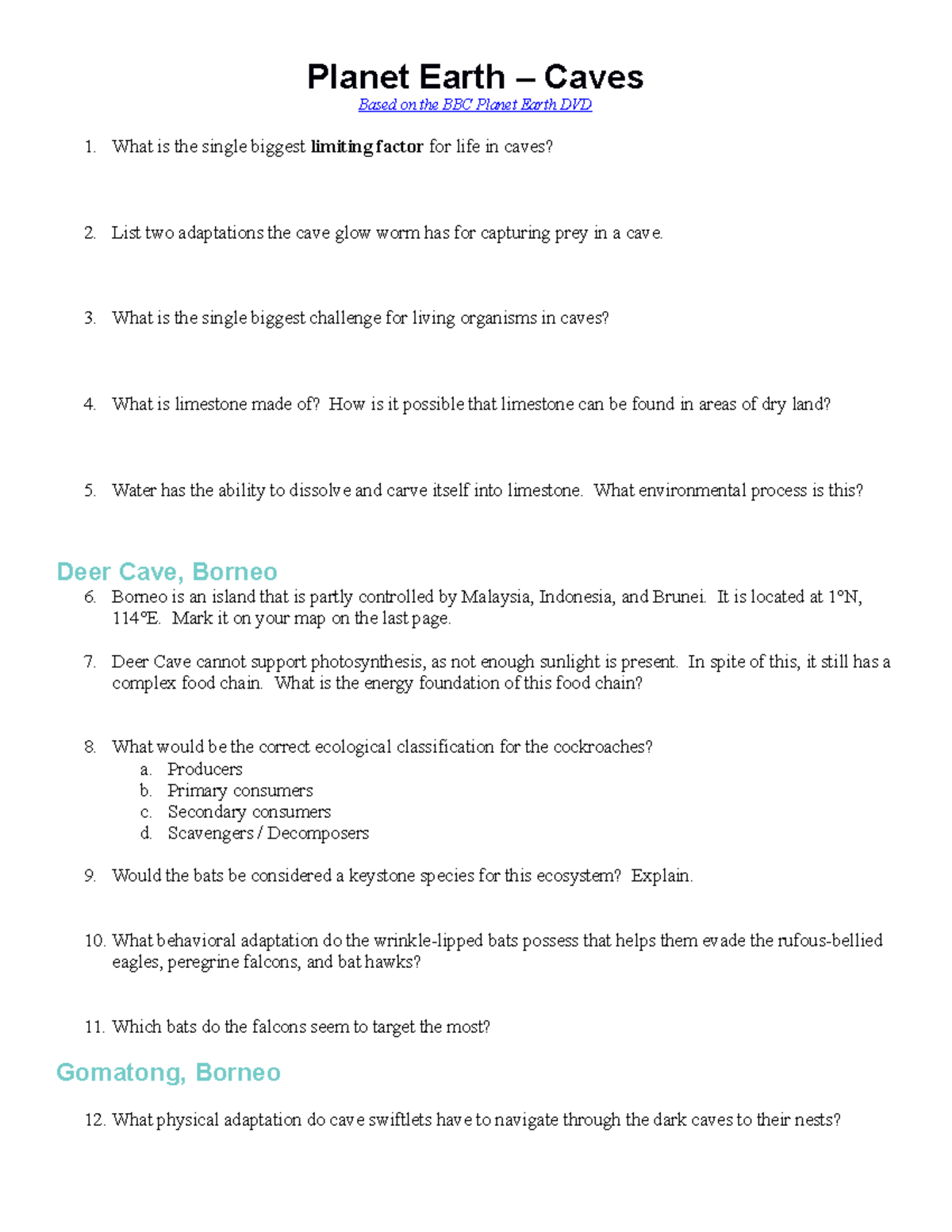 Planet Earth Caves Worksheet (Final Exam Study Notes) - Studocu