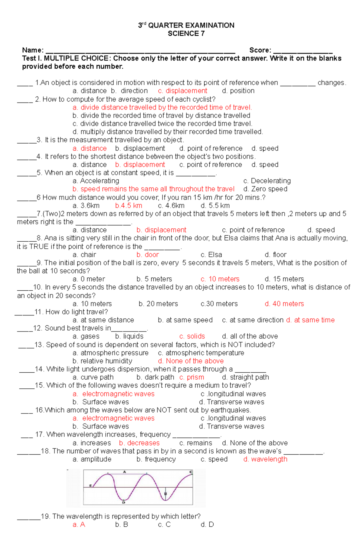 Third quarter - Exam - 3 rd QUARTER EXAMINATION SCIENCE 7 Name: - Studocu