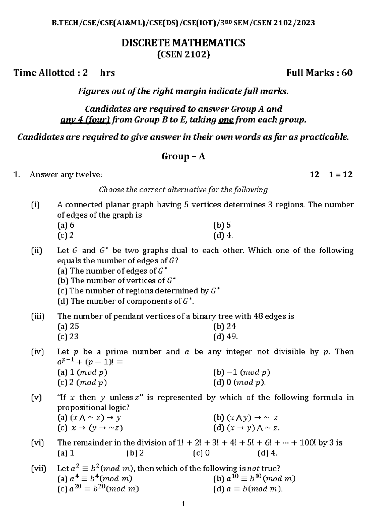 Discrete Mathematics CSEN 2102 Final Exam Questions and Answers - Studocu