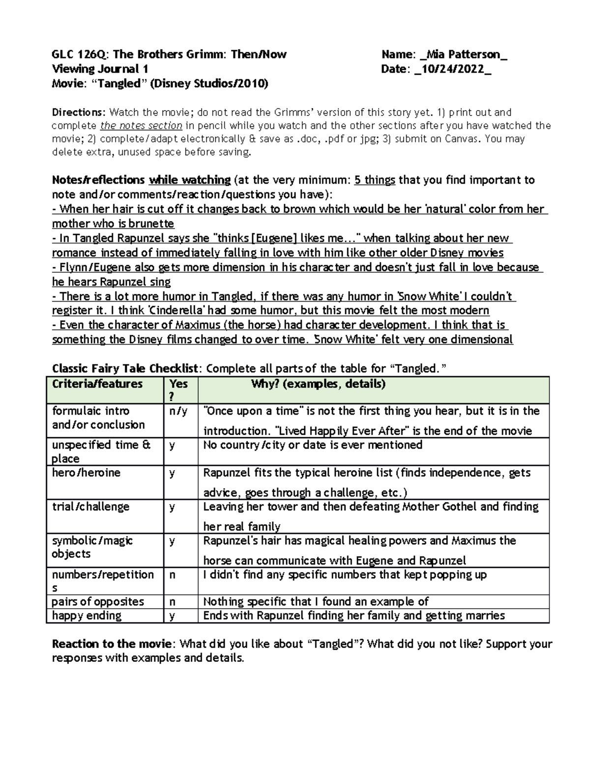 GLC 126Q Viewing Journal: Disney's Tangled (2010) Analysis - Studocu