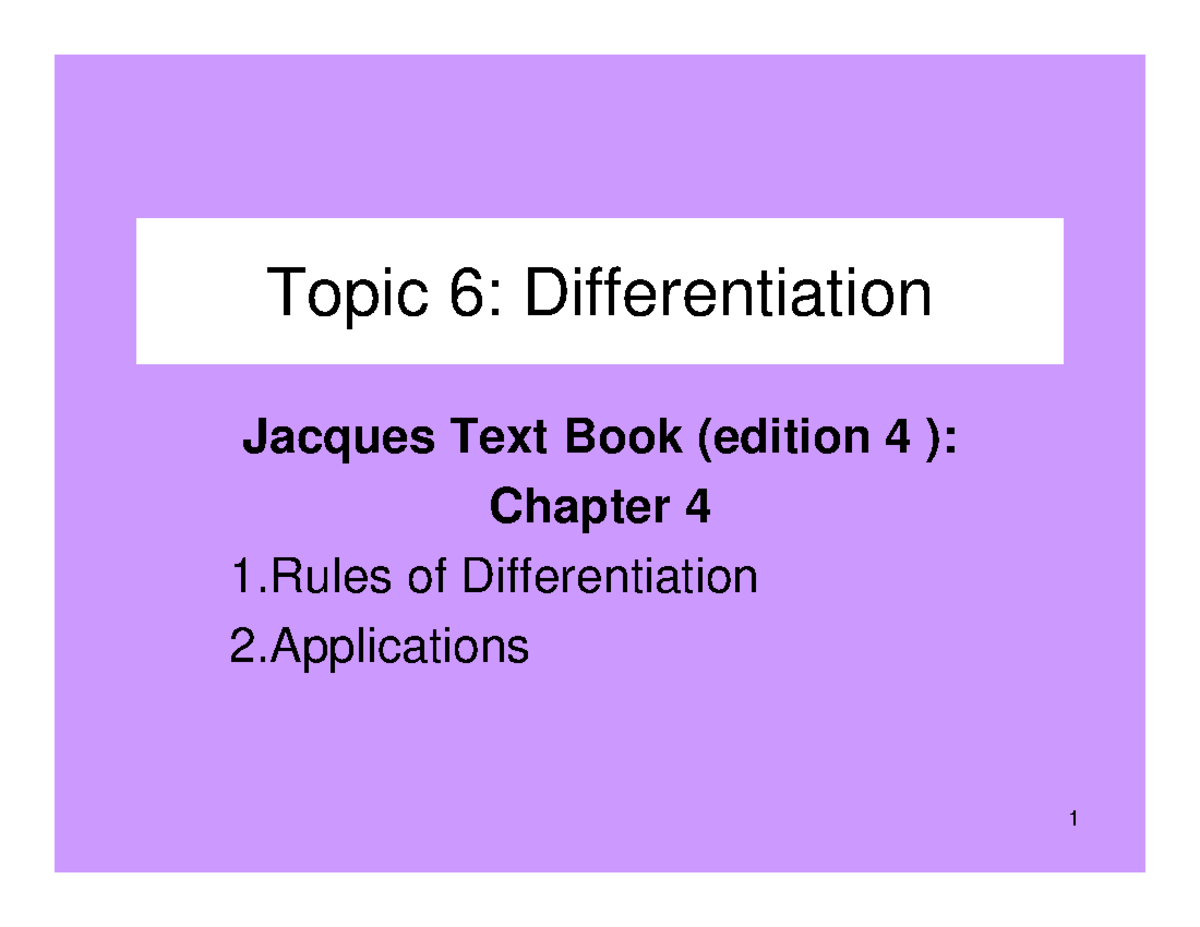Differentiation: Rules and Applications - Chapter 4 (Jacques Textbook ...