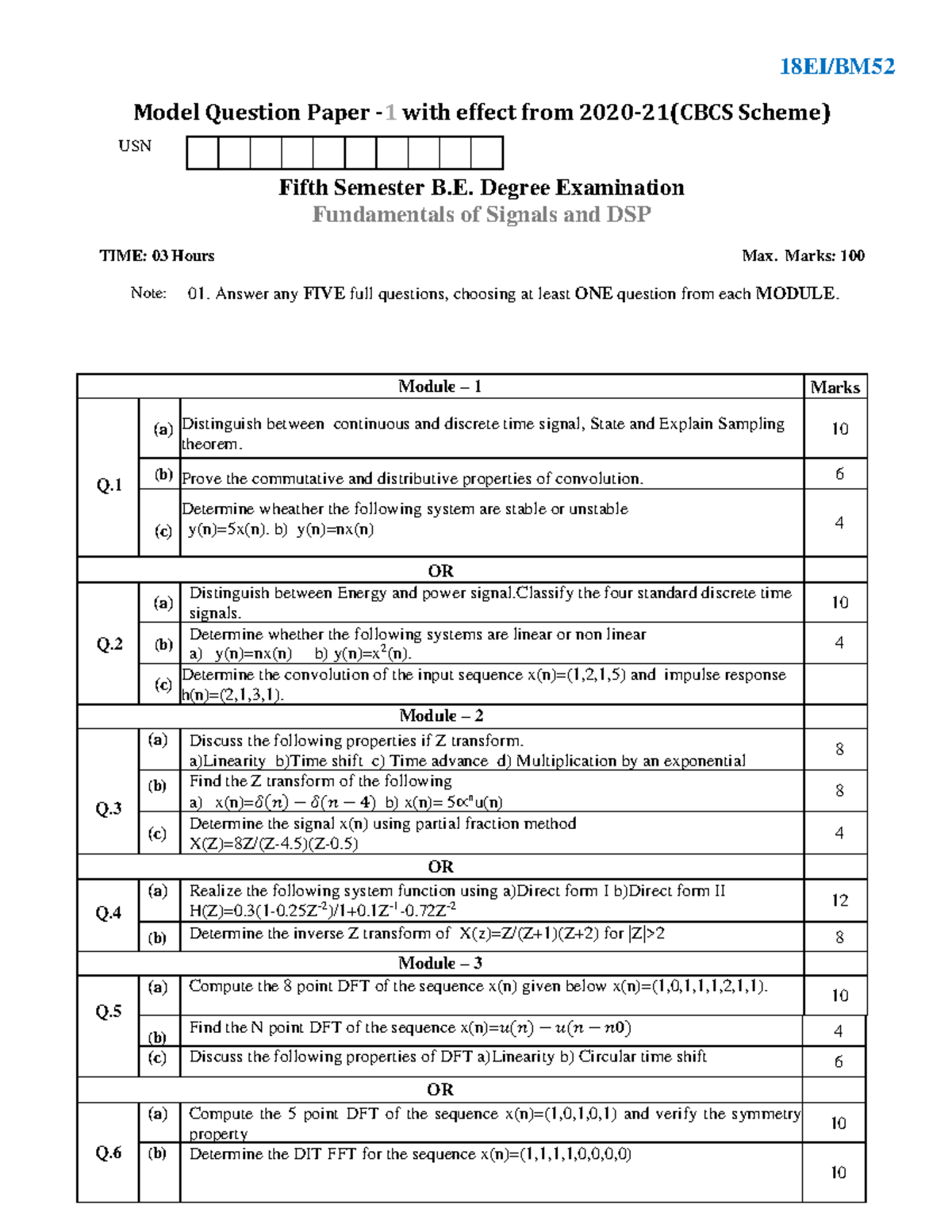 Model Question Paper: 18EI52 - Fundamentals of Signals and DSP - Studocu