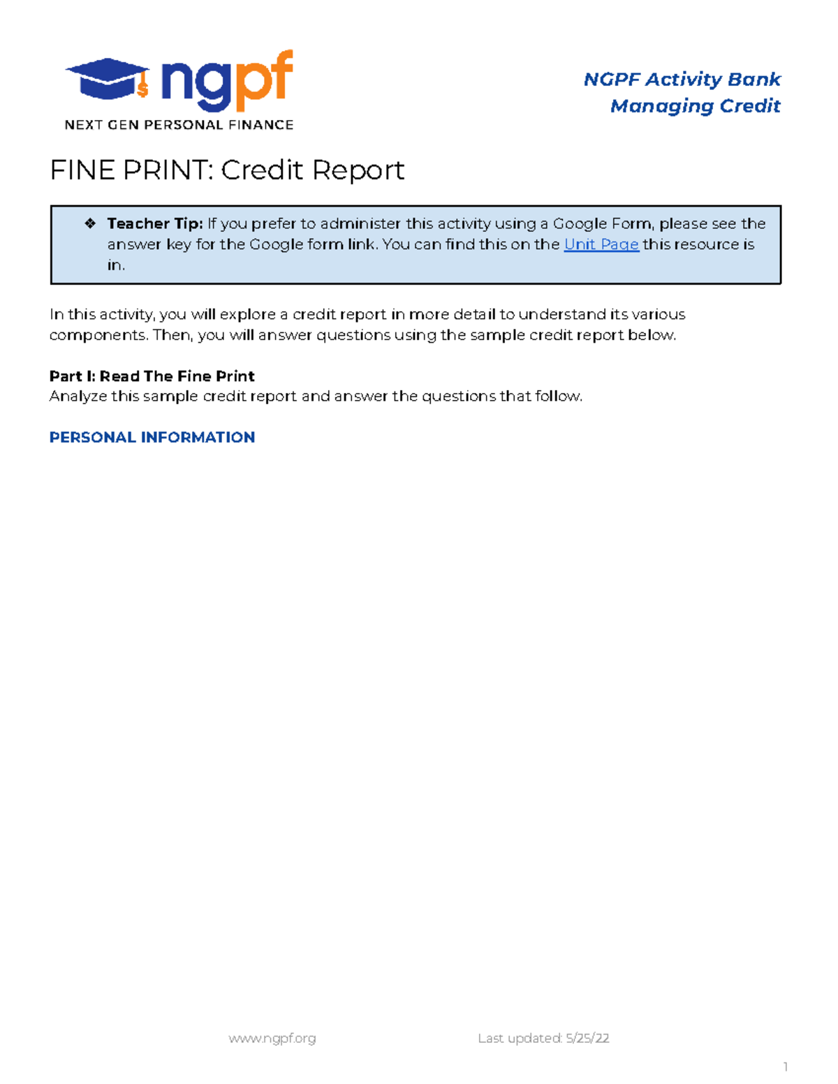 FINE Print: Analyzing Your Credit Report - NGPF Activity - Studocu