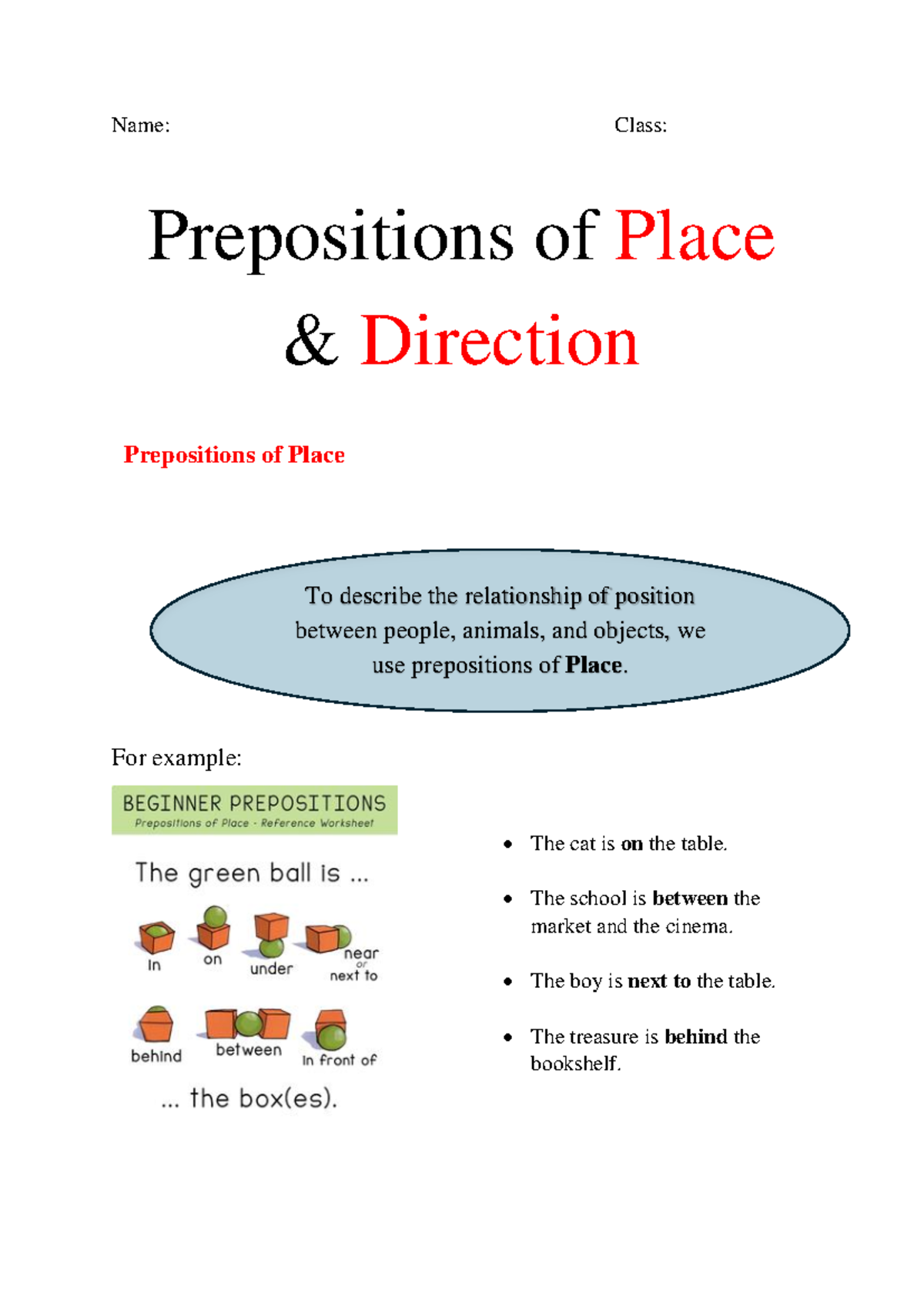 Handout - Name: Class: Prepositions of Place & Direction Prepositions ...