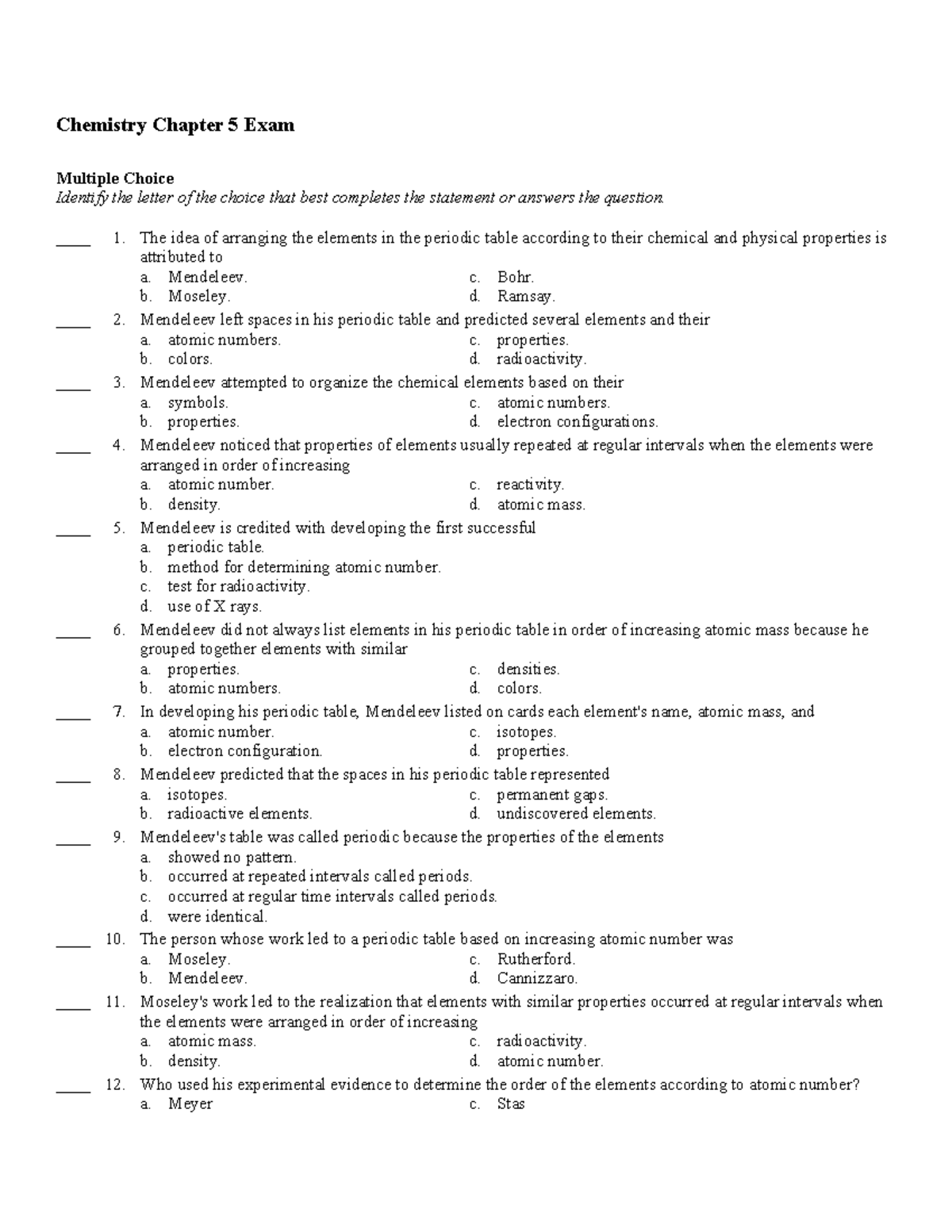Chemistry CH 5 Release Test - Chemistry Chapter 5 Exam Multiple Choice ...