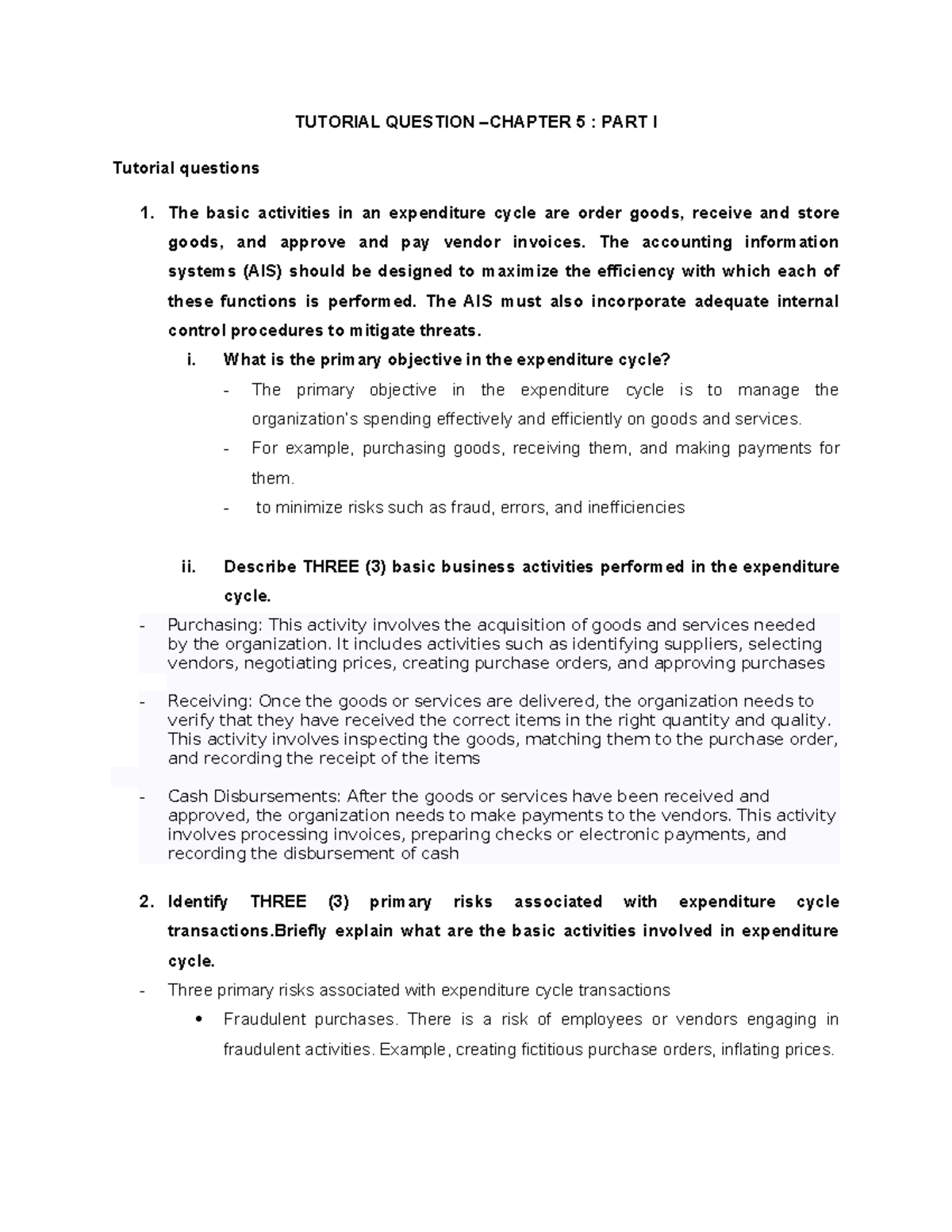 Tutorial AIS Chapter 5 - TUTORIAL QUESTION –CHAPTER 5 : PART I Tutorial ...