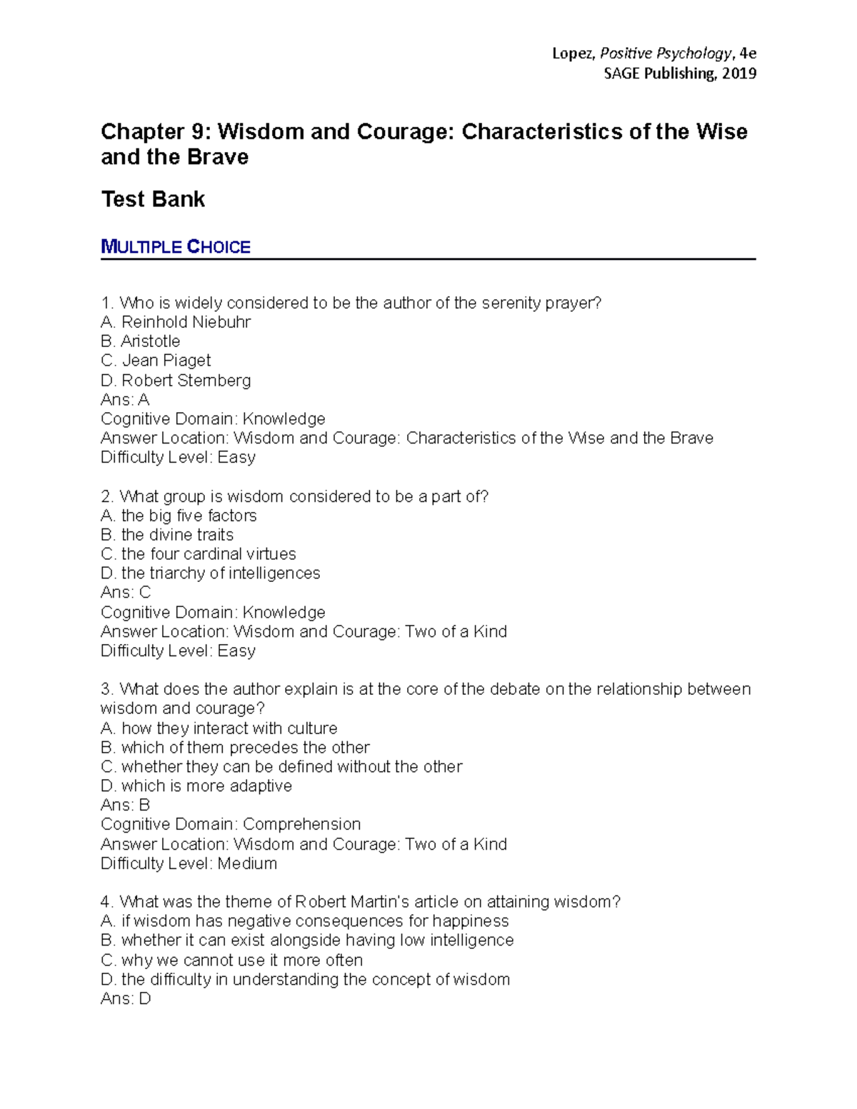 Ch09 Test Bank: Wisdom and Courage Characteristics - Practice Questions ...