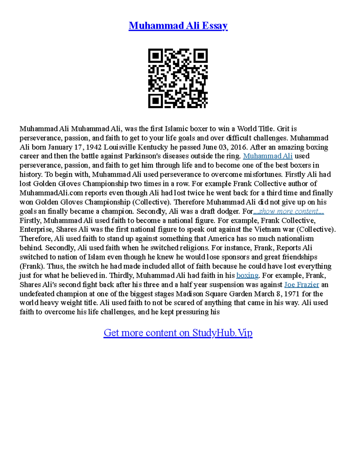 Essay on Muhammad Ali: A Tribute to His Legacy and Impact - Studocu