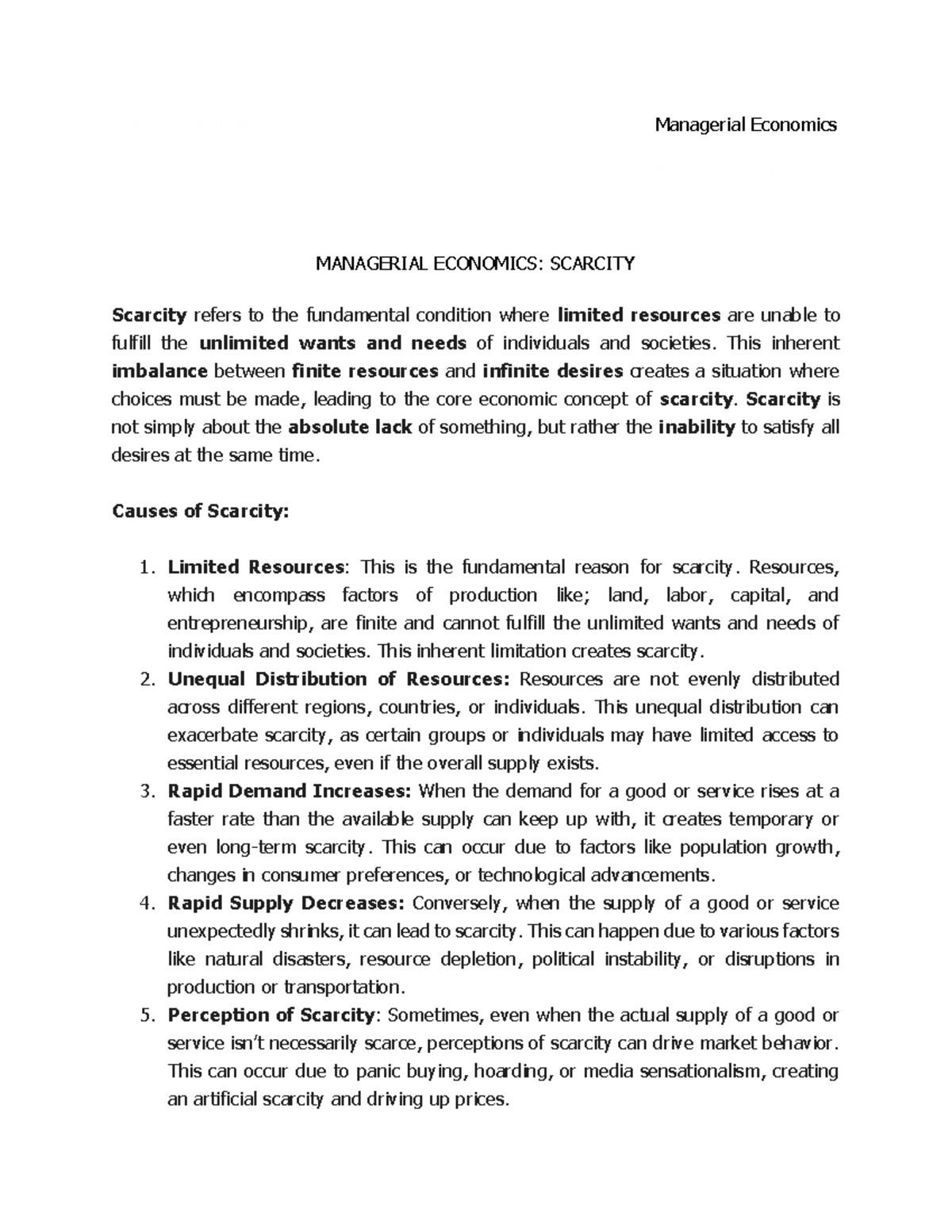 Managerial Economics BSA 202: Understanding Scarcity and Its Causes ...