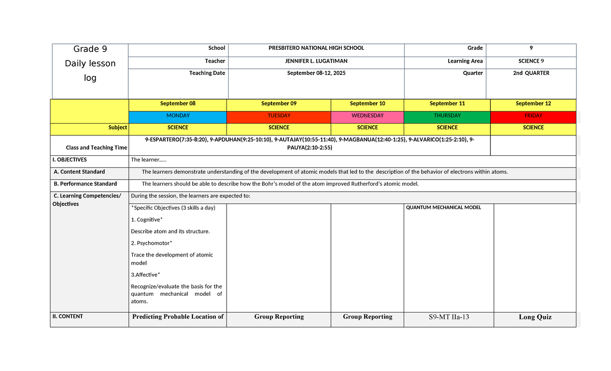 Grade 9 Science Daily Lesson Log (DLL) - 2nd Quarter 2025 - Studocu