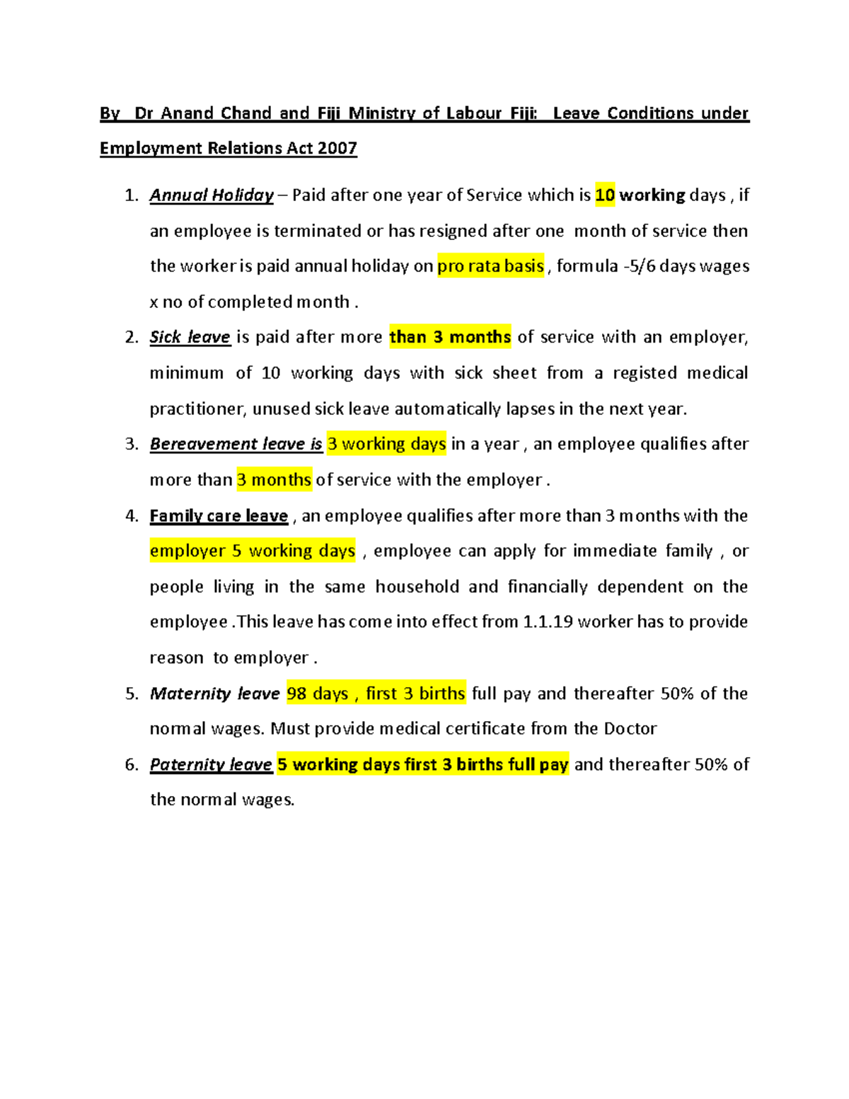 Fiji Employment Relations Act 2007: Leave Conditions Overview (002 ...