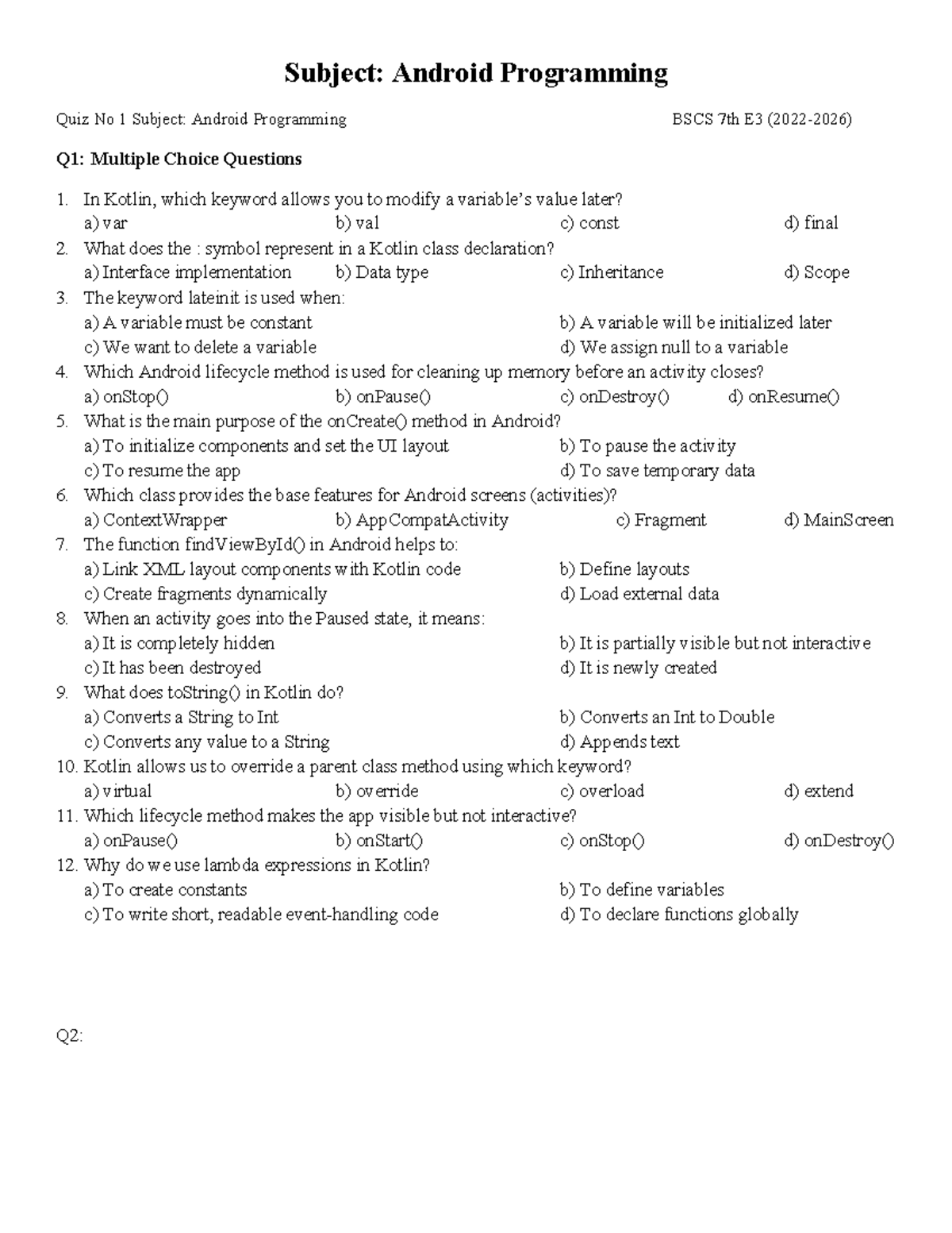 Android Programming Quiz No 1 - BSCS 7th E3 Multiple Choice Questions ...