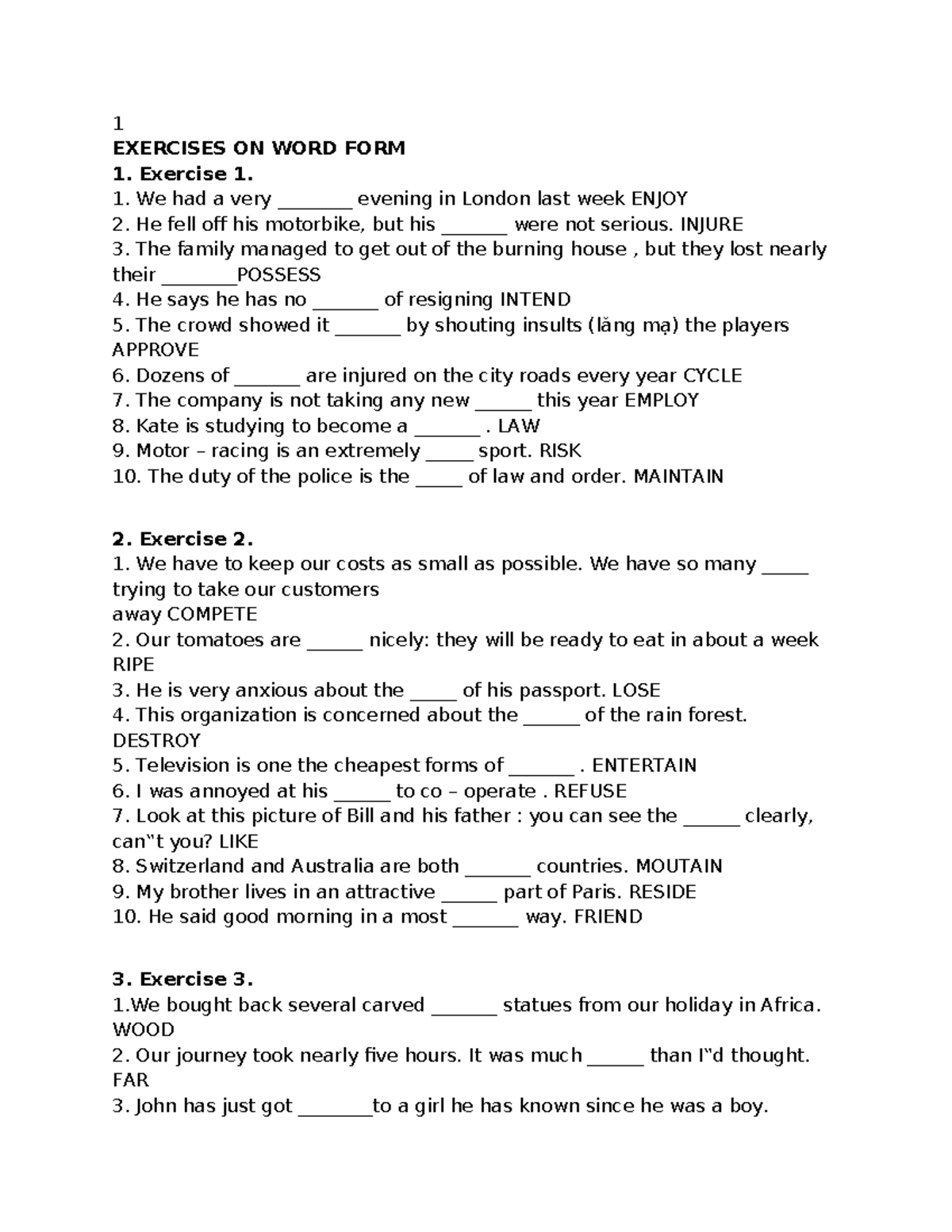 Exercises on Word Form 1: Vocabulary Practice and Application - Studocu