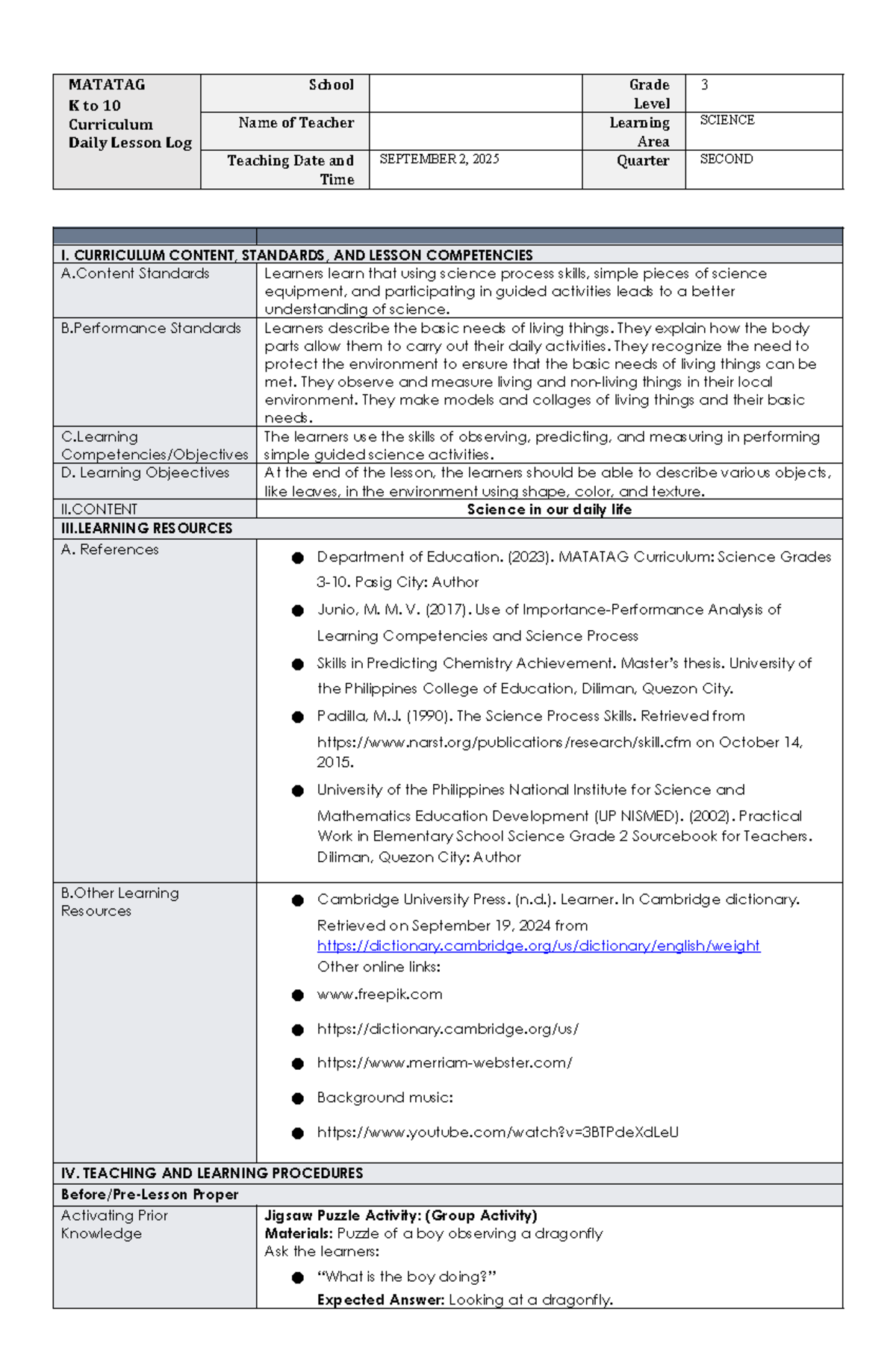 Q3-W1-D1-SCIENCE-Daily Lesson Log - MATATAG Curriculum - Studocu
