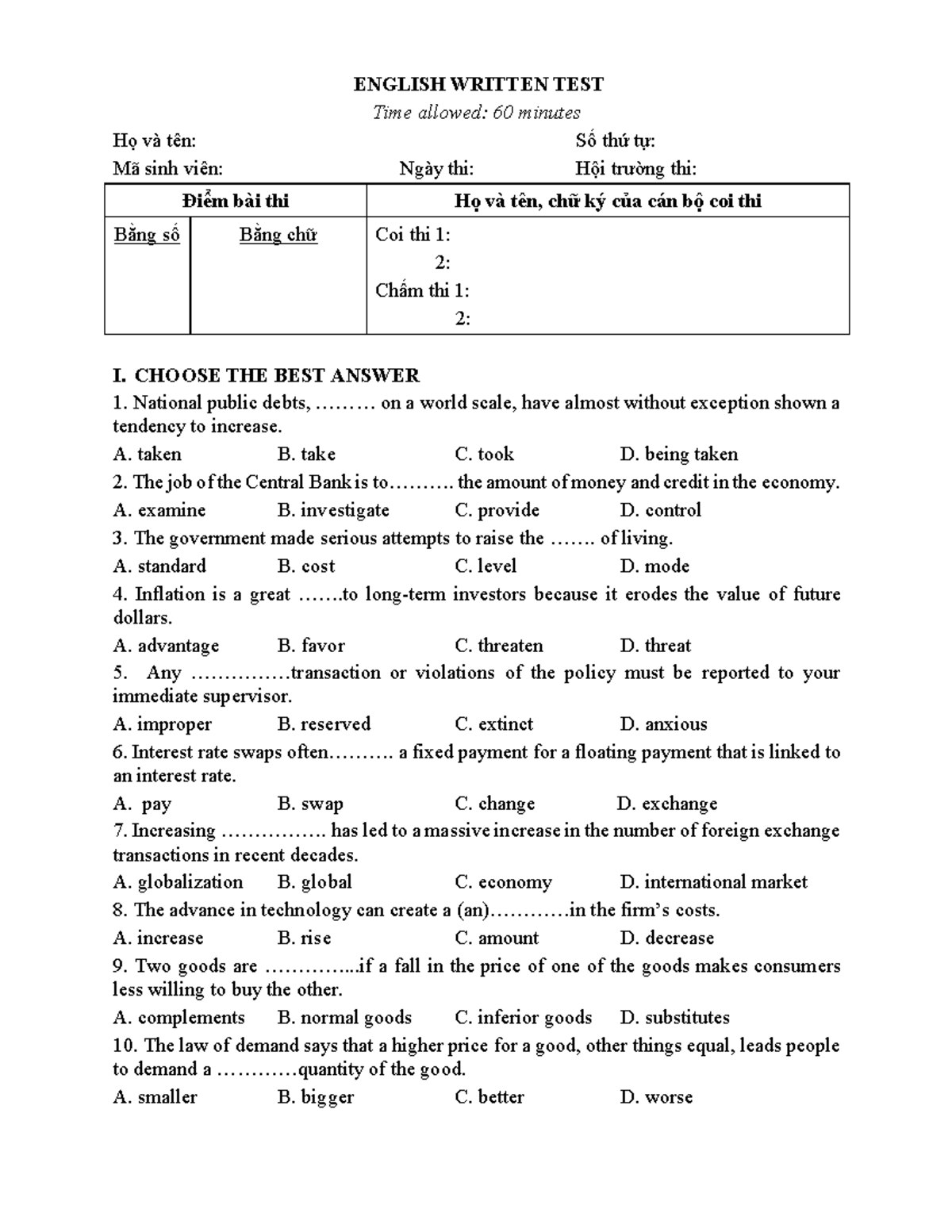 ENGLISH WRITTEN TEST (60 min) - Practice Questions & Answers - Studocu