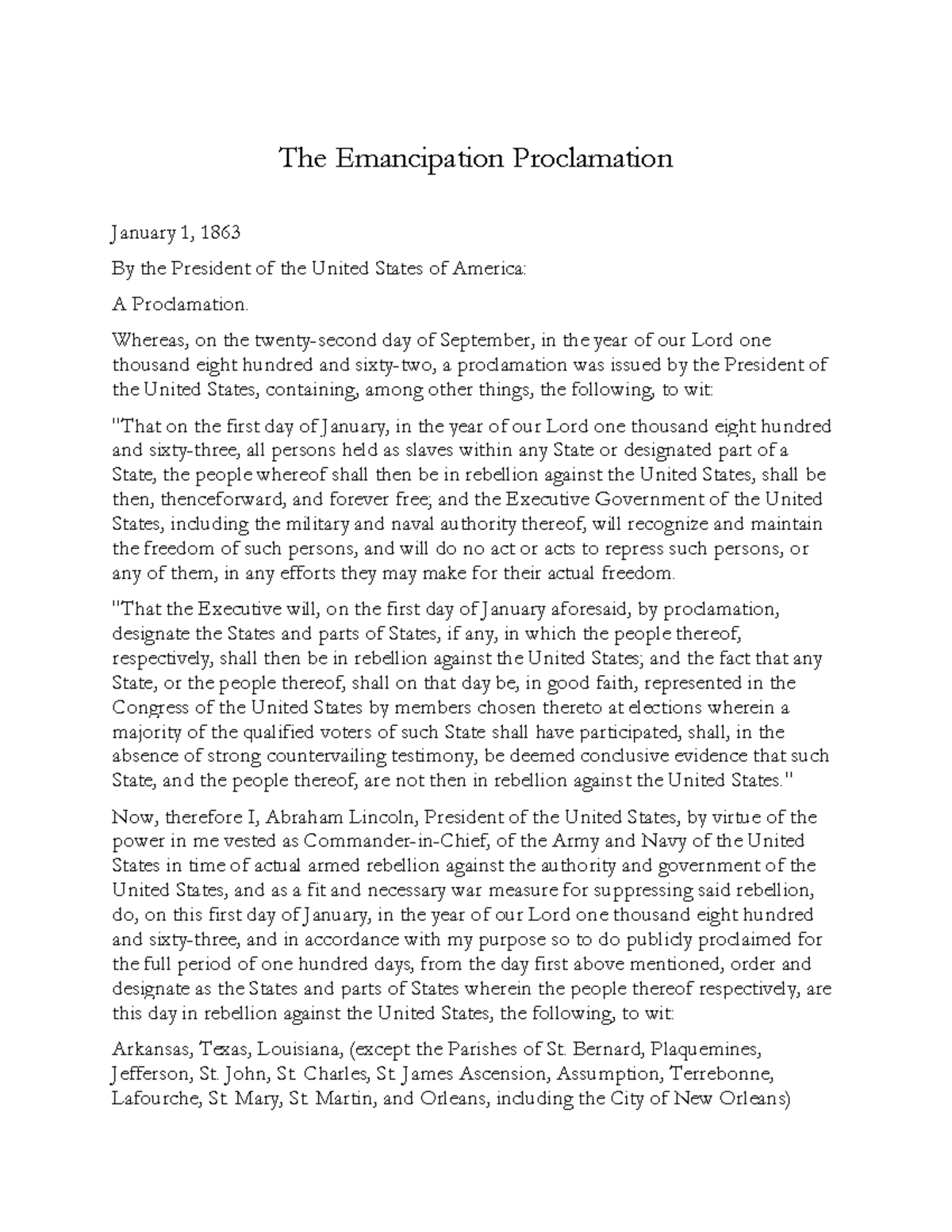 The Emancipation Proclamation - January 1, 1863 - Studocu