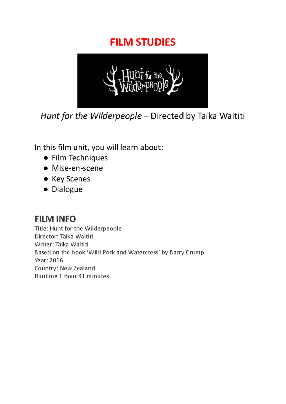 Film Studies: Hunt for the Wilderpeople Analysis & Techniques Guide ...