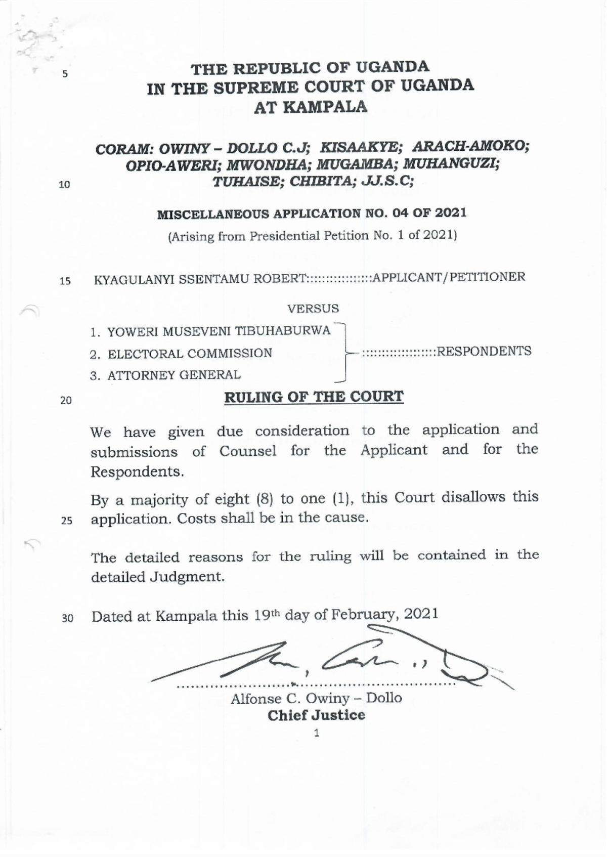 Kyagulanyi v Museveni & Others (Misc. App. 04/2021) Ruling Summary ...