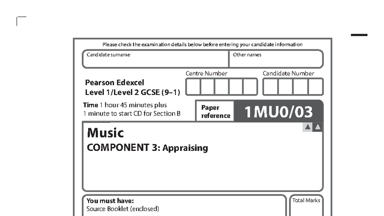 1MU0 03 Music Component 3: Appraising Exam Instructions and Questions ...