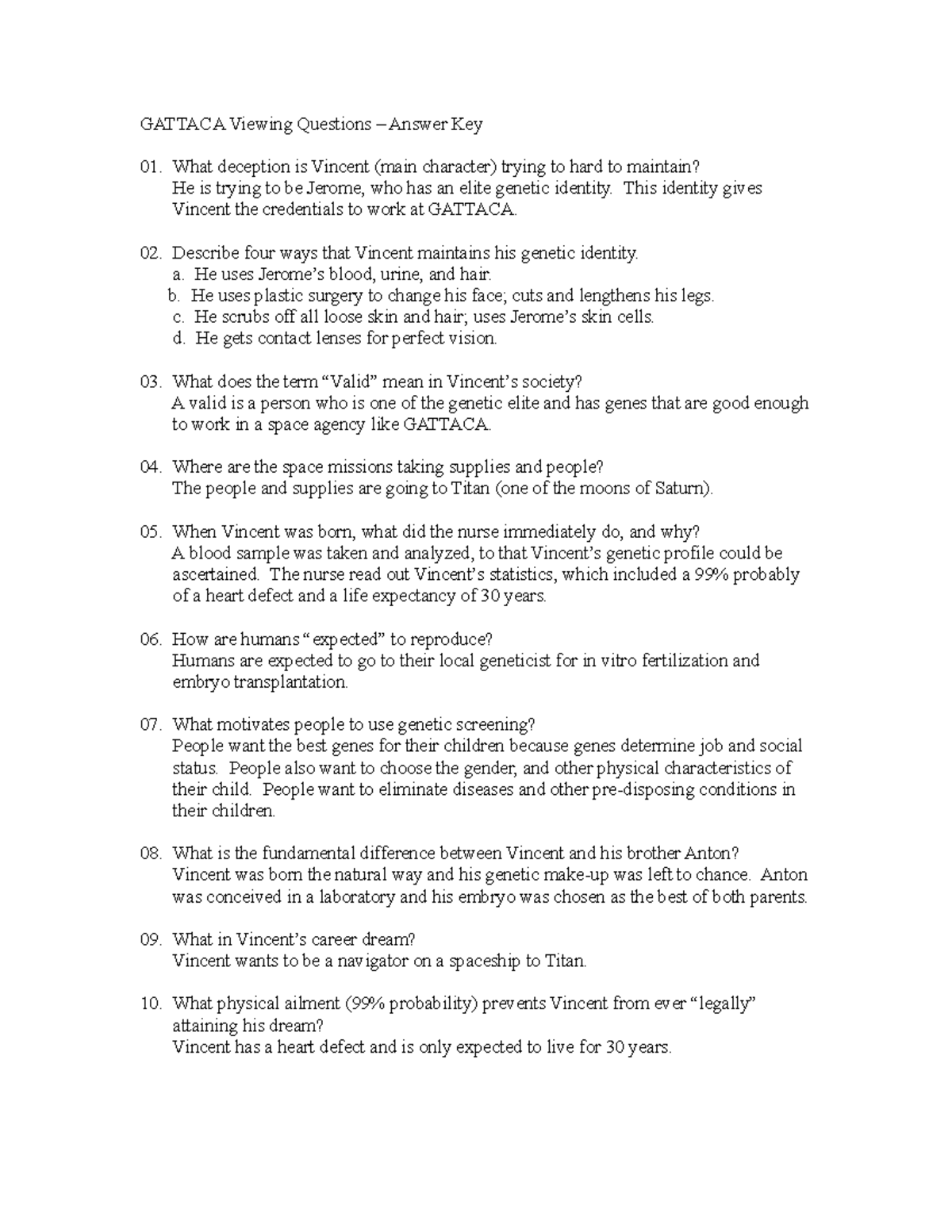 Gattacaviewing Questions Answer Key - GATTACA Viewing Questions ...