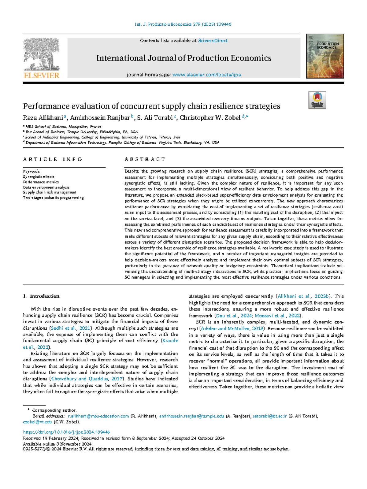 Alikhani 2024: Evaluating Concurrent Supply Chain Resilience Strategies ...