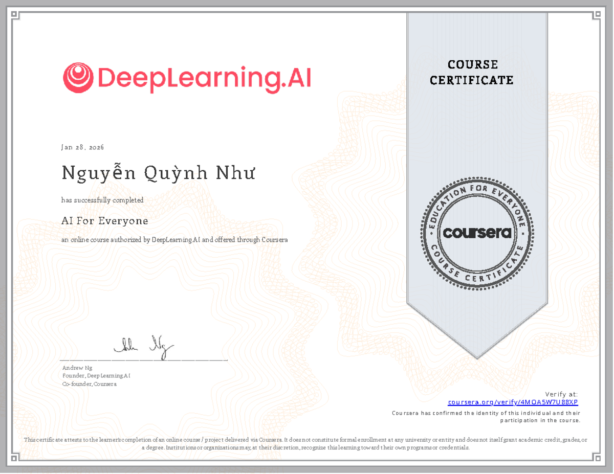 AI For Everyone Course Completion Certificate - Coursera - Studocu