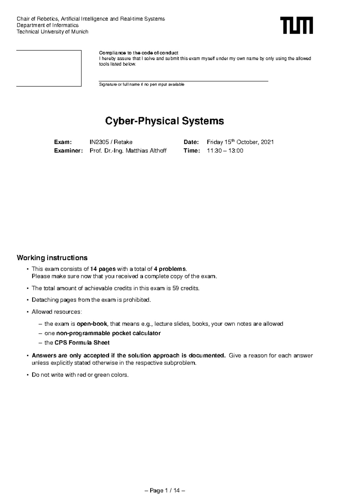 CPS EXAM - retake exam - Chair of Robotics, Artificial Intelligence and ...