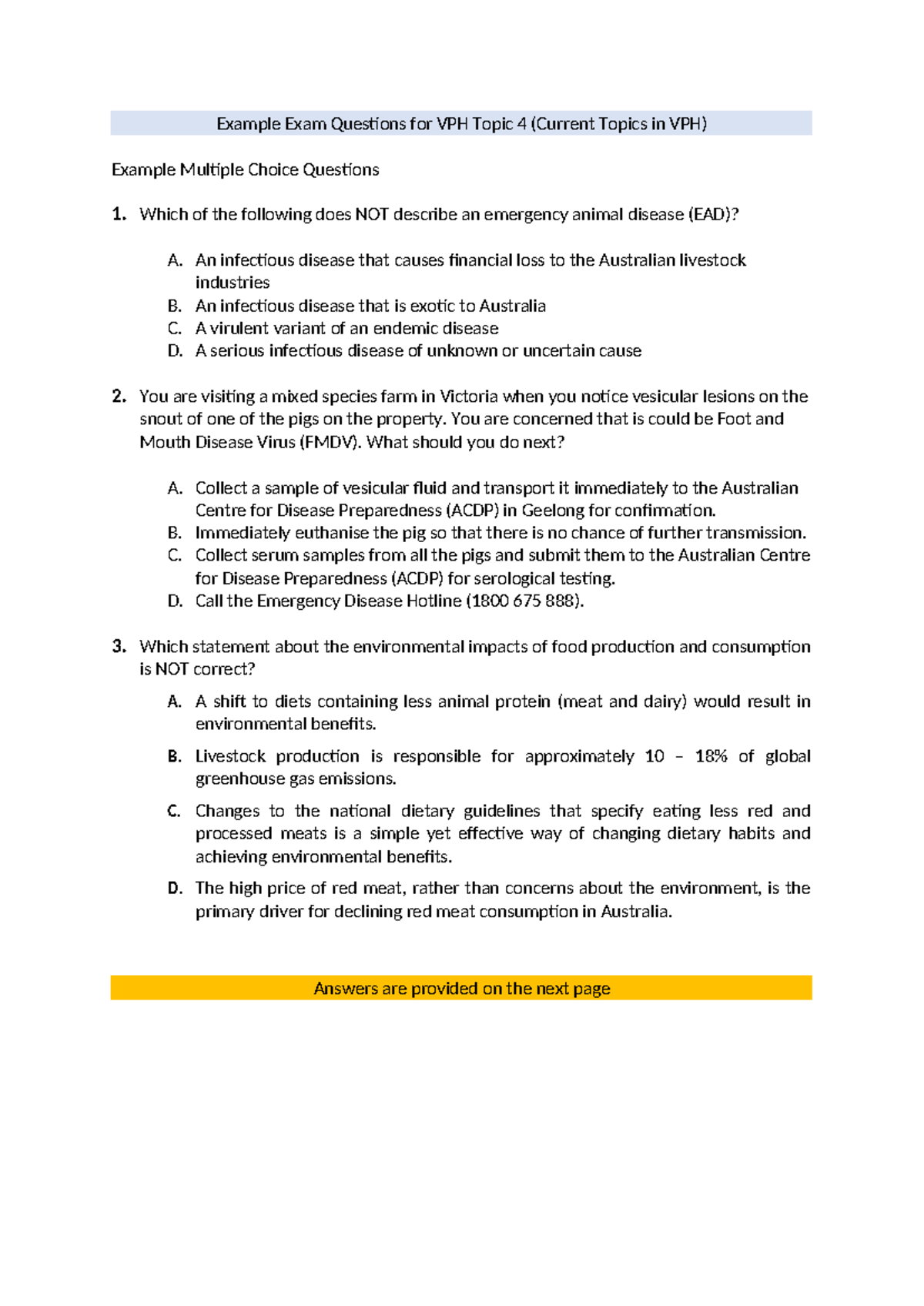 Example Exam Questions for VPH Topic 4-1 - Which of the following does ...