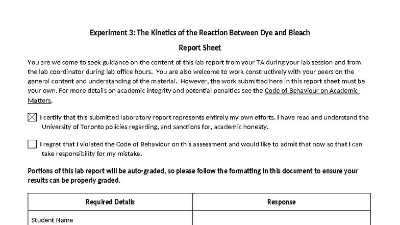 CHM135 Lab 3: Kinetics of Dye and Bleach Reaction Report Sheet - Studocu