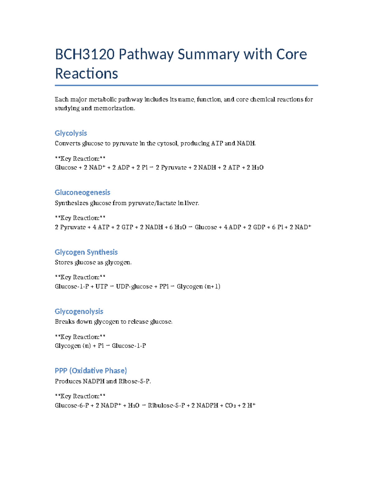 BCH3120 Metabolic Pathways Summary with Core Reactions - Studocu