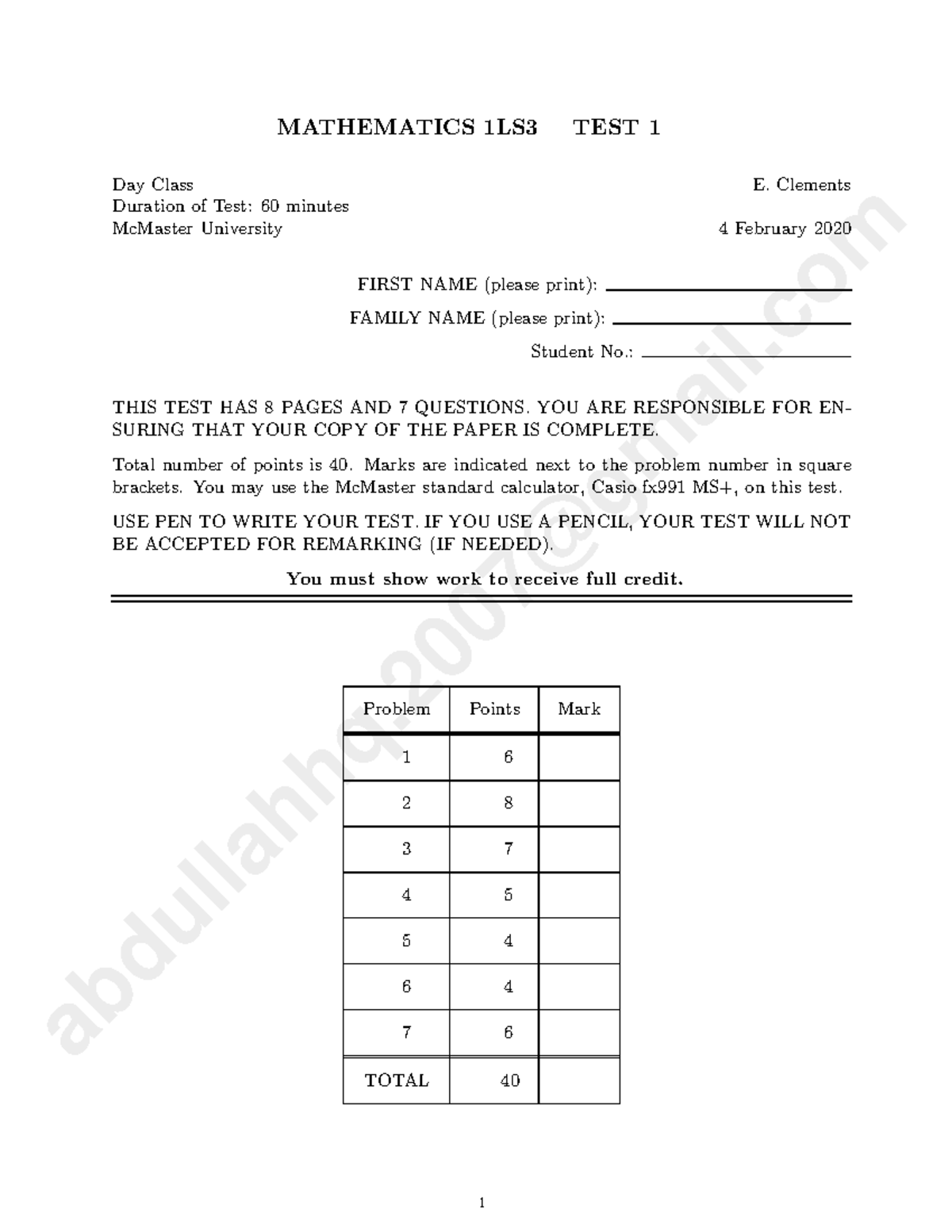 MATH 1LS3 Test 1 - E. Clements - McMaster University - Studocu