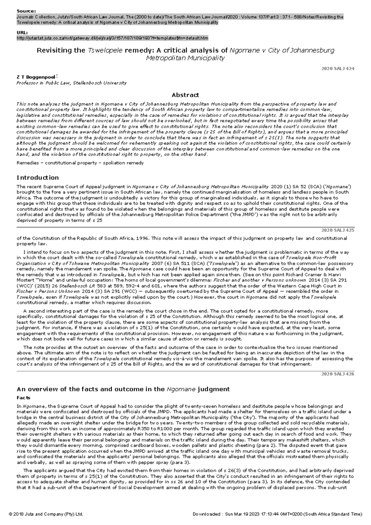 Critical Analysis of Ngomane v City of Johannesburg: 2020 SALJ Insights ...