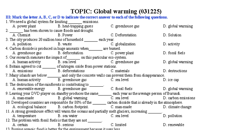G1112 031225 - Global Warming Quiz and Study Guide - Studocu