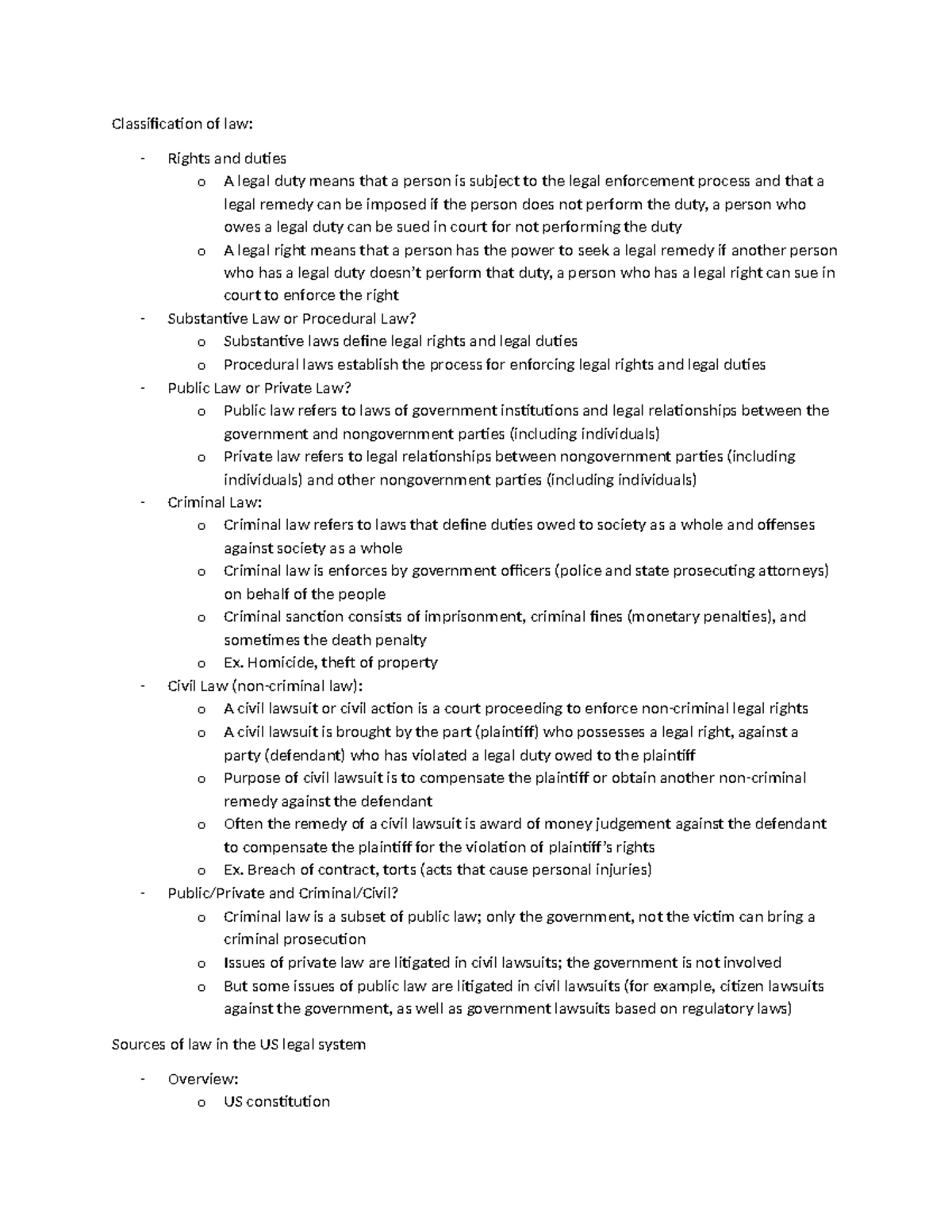 US Legal System Overview: Rights, Duties, and Law Classifications - Studocu