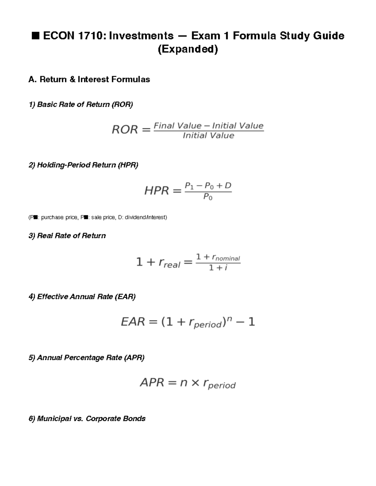 ECON 1710: Investments Midterm Exam 1 Formula Study Guide - Studocu
