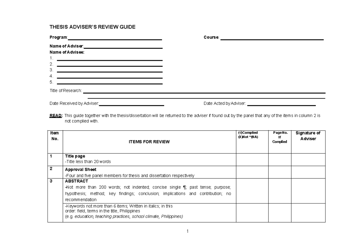 Thesis Adviser's Review Guide: Essential Checklist for Evaluation - Studocu