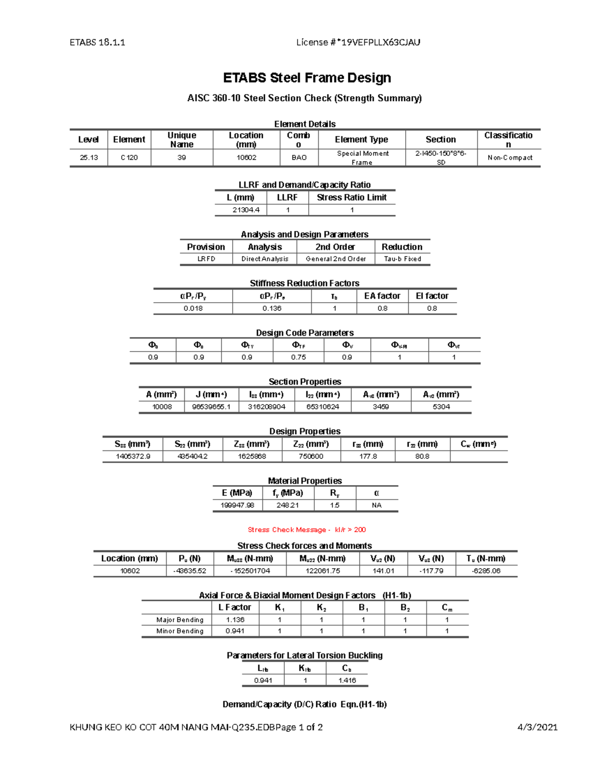 ETABS 18.1.1 Steel Frame Design Summary (AISC Check) - Studocu