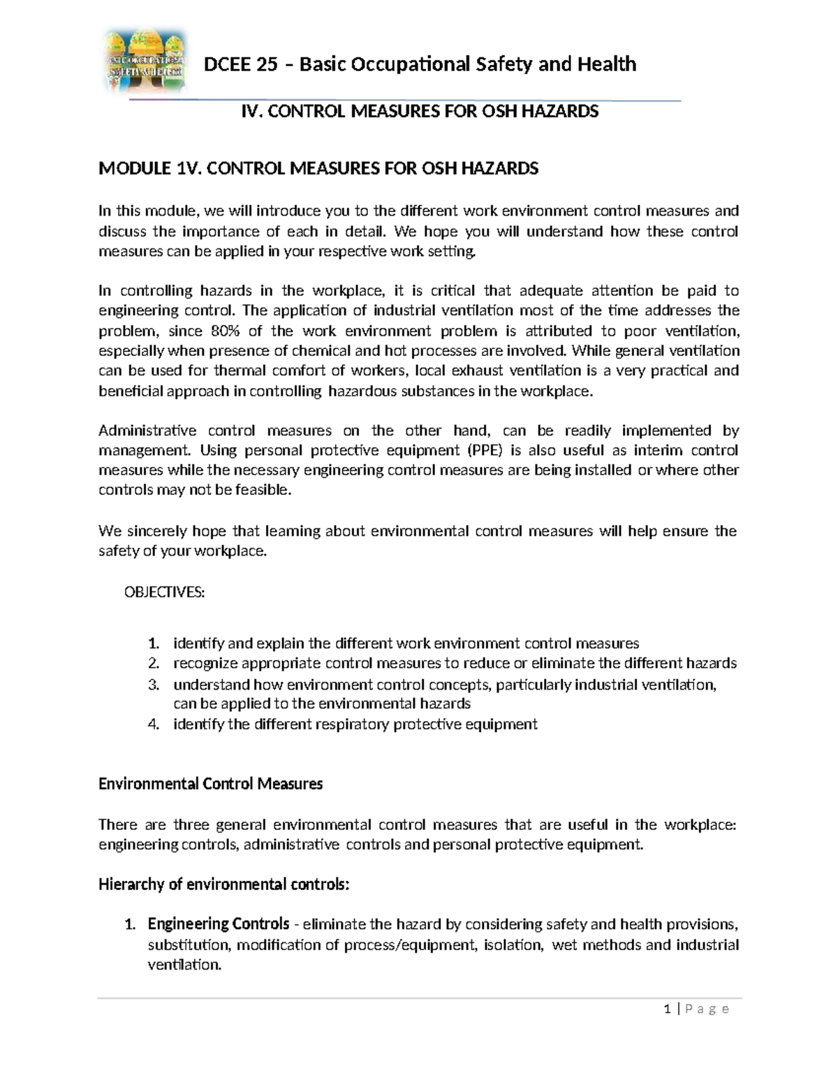 Control measures for osh hazards - IV. CONTROL MEASURES FOR OSH HAZARDS ...