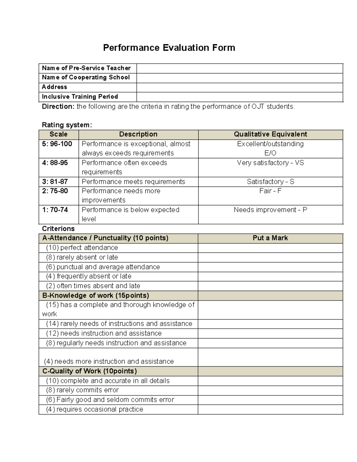 Performance Evaluation Form for OJT Students (OJT 101) - Studocu