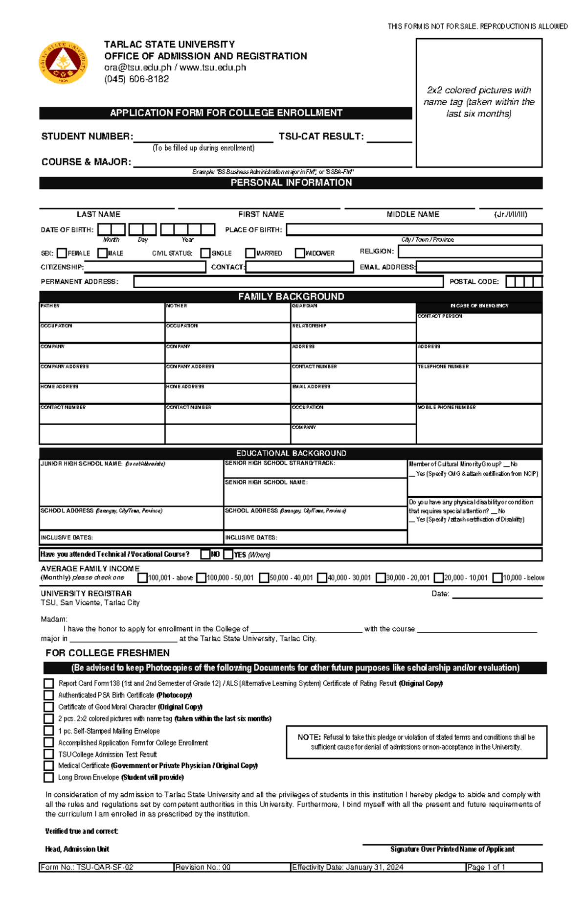 TSU Enrollment Application Form for College Freshmen - 2024 - Studocu