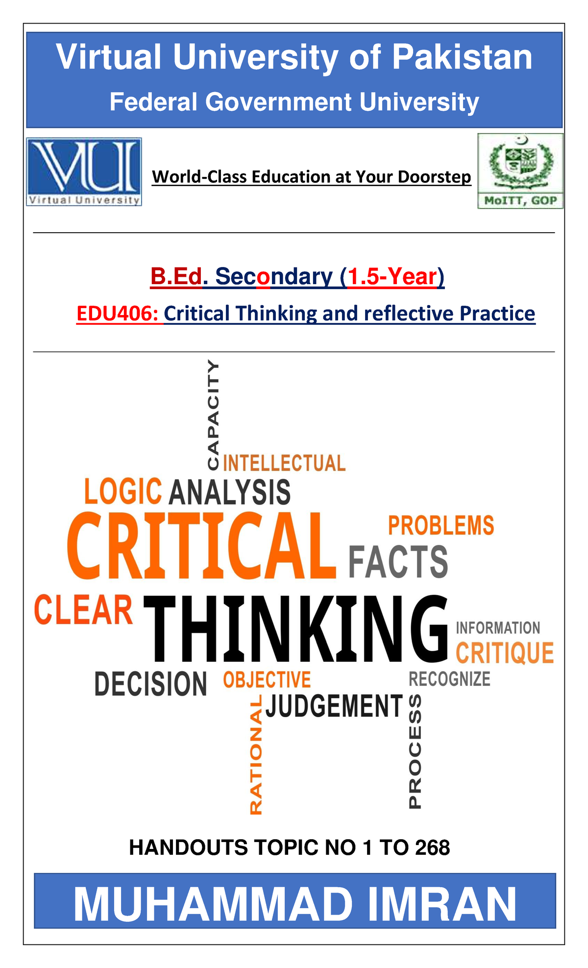 EDU406: Critical Thinking & Reflective Practice Handouts (Topics 1-12 ...