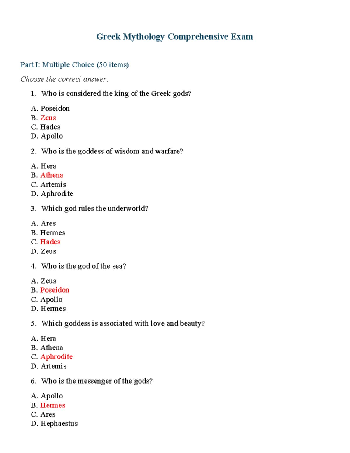 Greek Mythology Comprehensive Exam (Part I & II) - Studocu