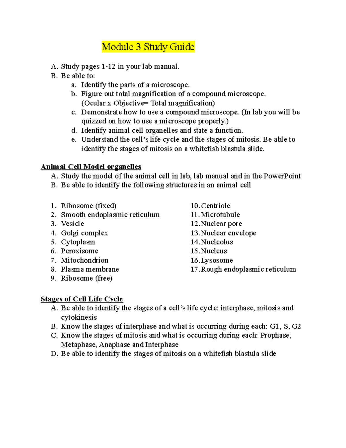 BSC2085L Module 3 Lab Study Guide: Microscopes & Cell Biology - Studocu