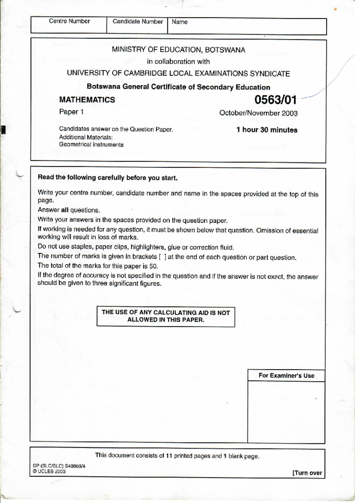 2003 BGCSE Mathematics Paper 1 Exam Questions and Solutions - Studocu