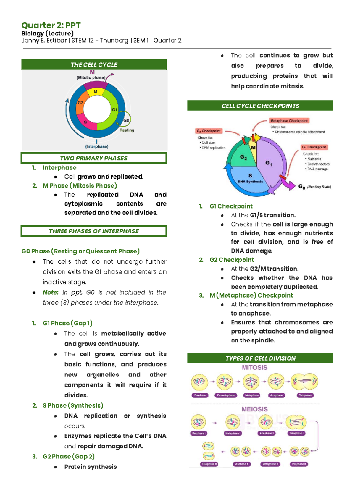 Quarter 2: PPT Biology (Lecture) - Cell Cycle, Mitosis & Meiosis - Studocu