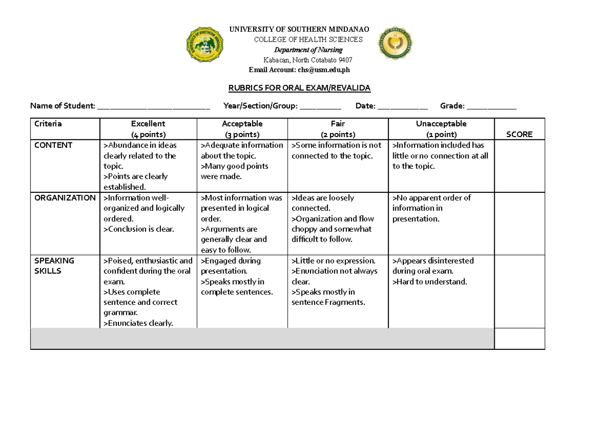 Rubrics for Oral Exam - Nursing Department Evaluation - Studocu