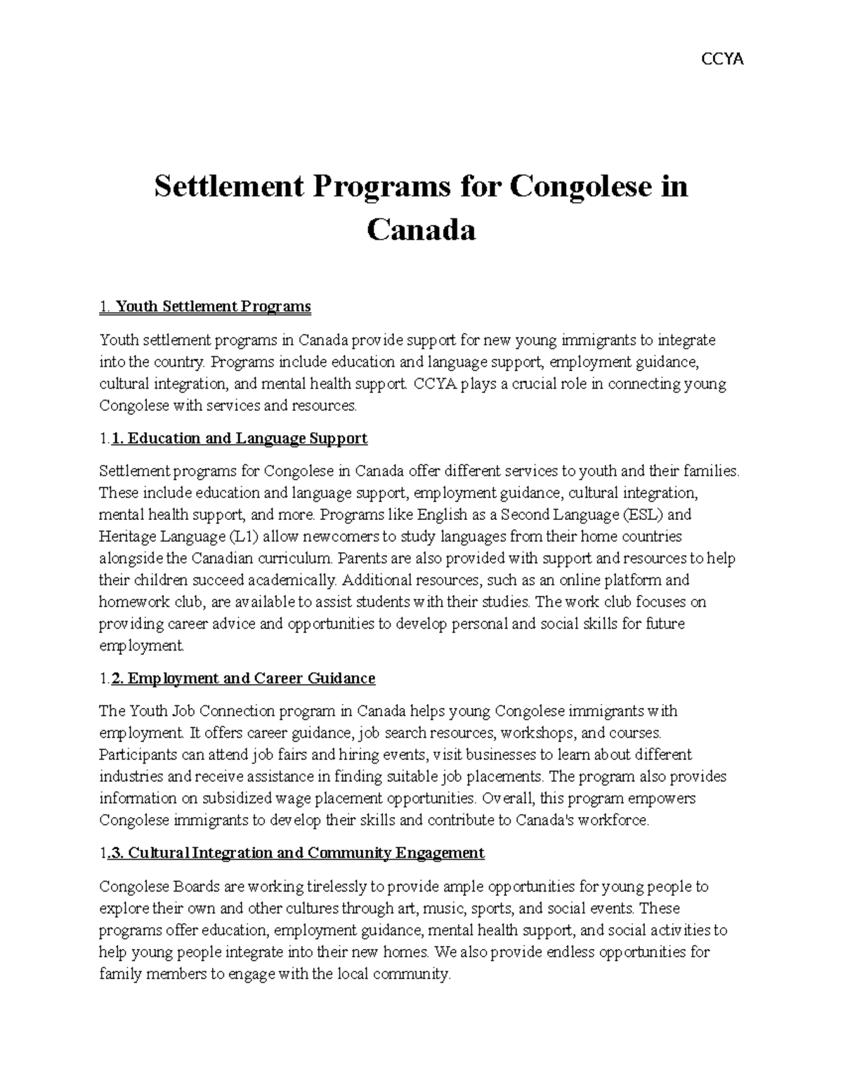 CCYA Youth & Adult Settlement Programs Overview in Canada - Studocu