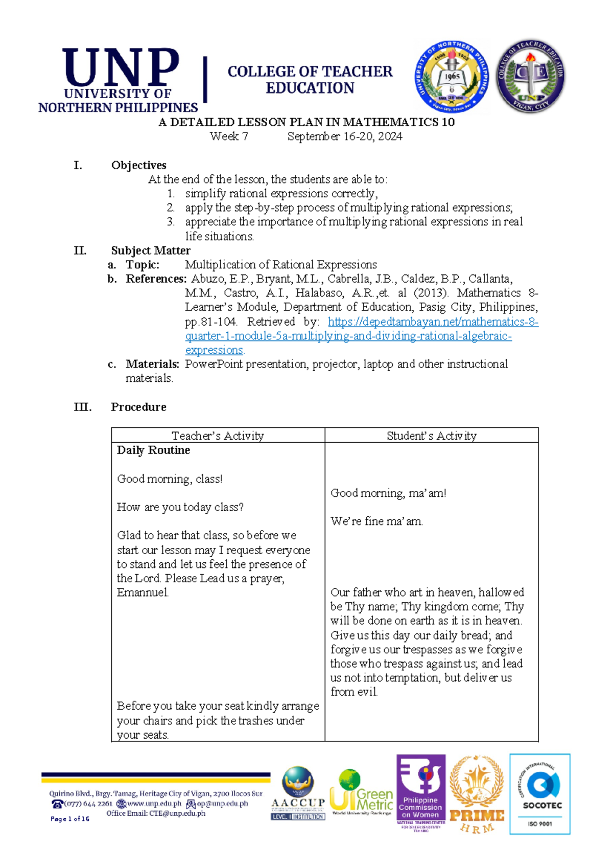 DLP-Math10-1: Detailed Lesson Plan on Multiplying Rational Expressions ...