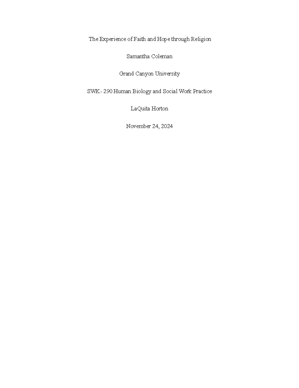 SWK-290 Final Exam: Faith and Hope Experiences in Religion - Studocu